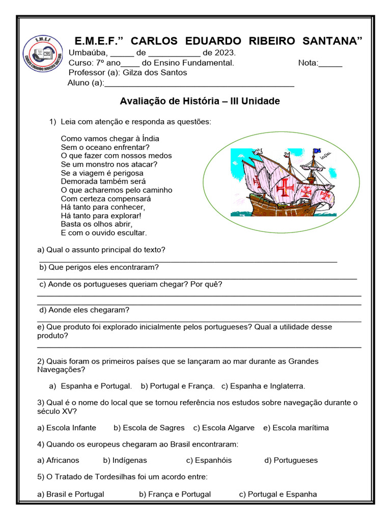 Prova de Historia 7 Ano 3 Unidade | PDF | Portugal | Brasil