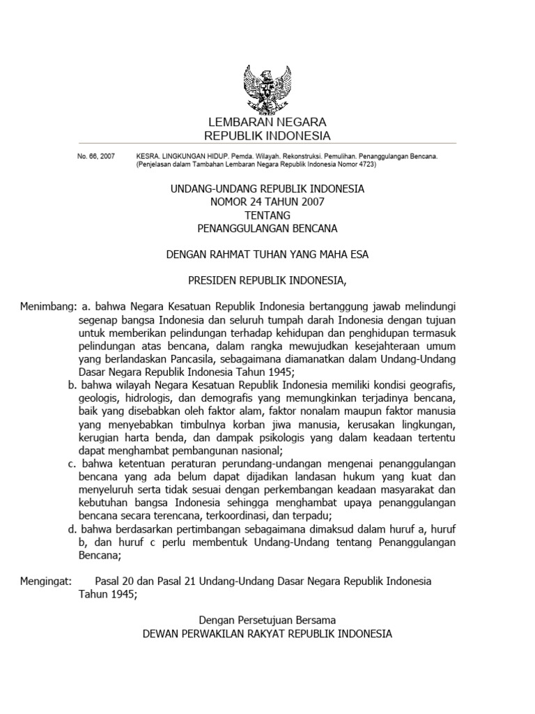 UU No 24 Tahun 2007 TTG Penanggulangan Bencana (Lengkap) | PDF
