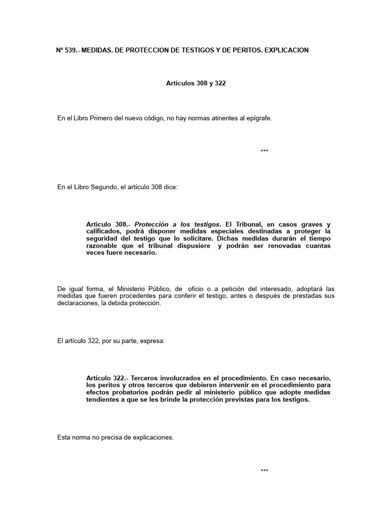 Nº 539. - Medidas. de Proteccion de Testigos y de Peritos. Explicacion ...
