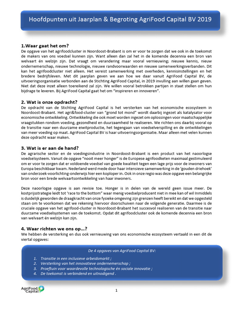 Jaarplan Agrifood Capital 2019 Samenvatting | PDF