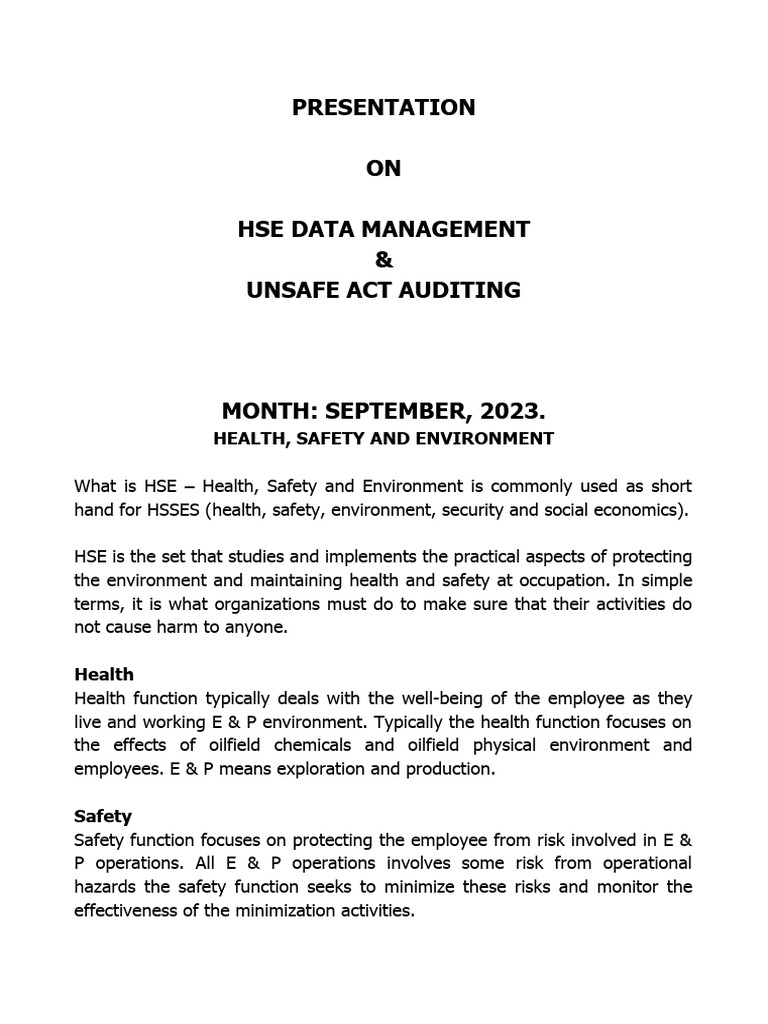 Presentation ON Hse Data Management & Unsafe Act Auditing: Health ...