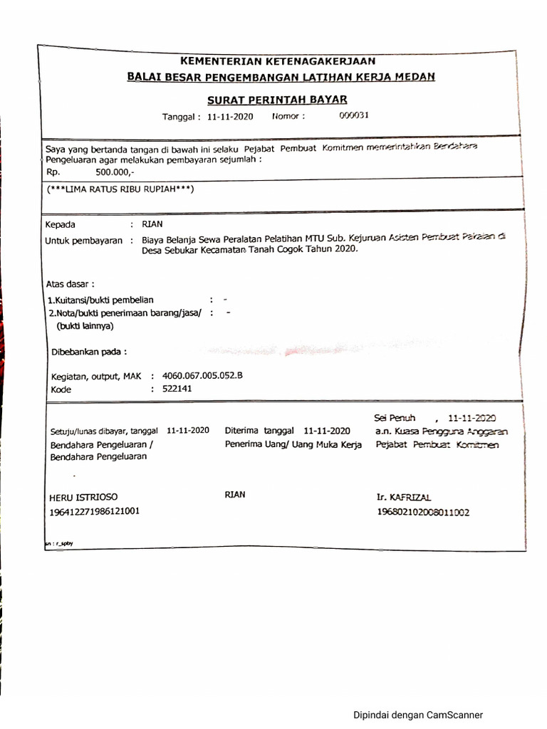 Surat Perintah Bayar Sewa Tempat Jahit | PDF