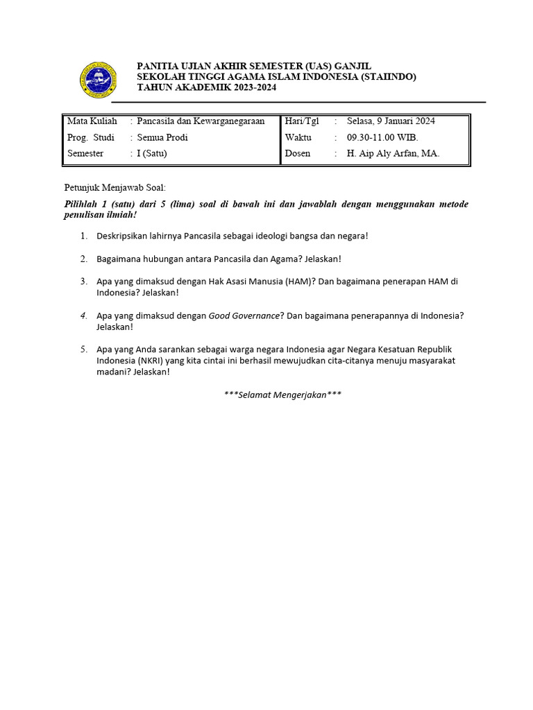 Soal Uas Pancasila Ganjil 2023-2024 | PDF