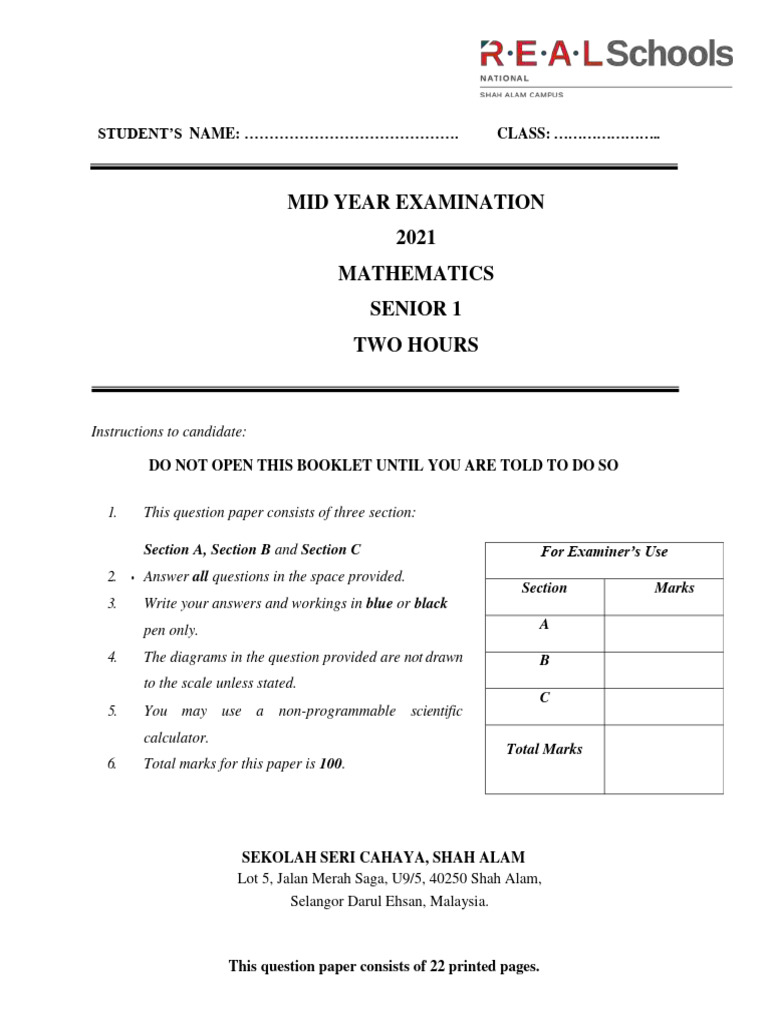 Mathematics Form 1-Mid Term Exam-2021 | PDF