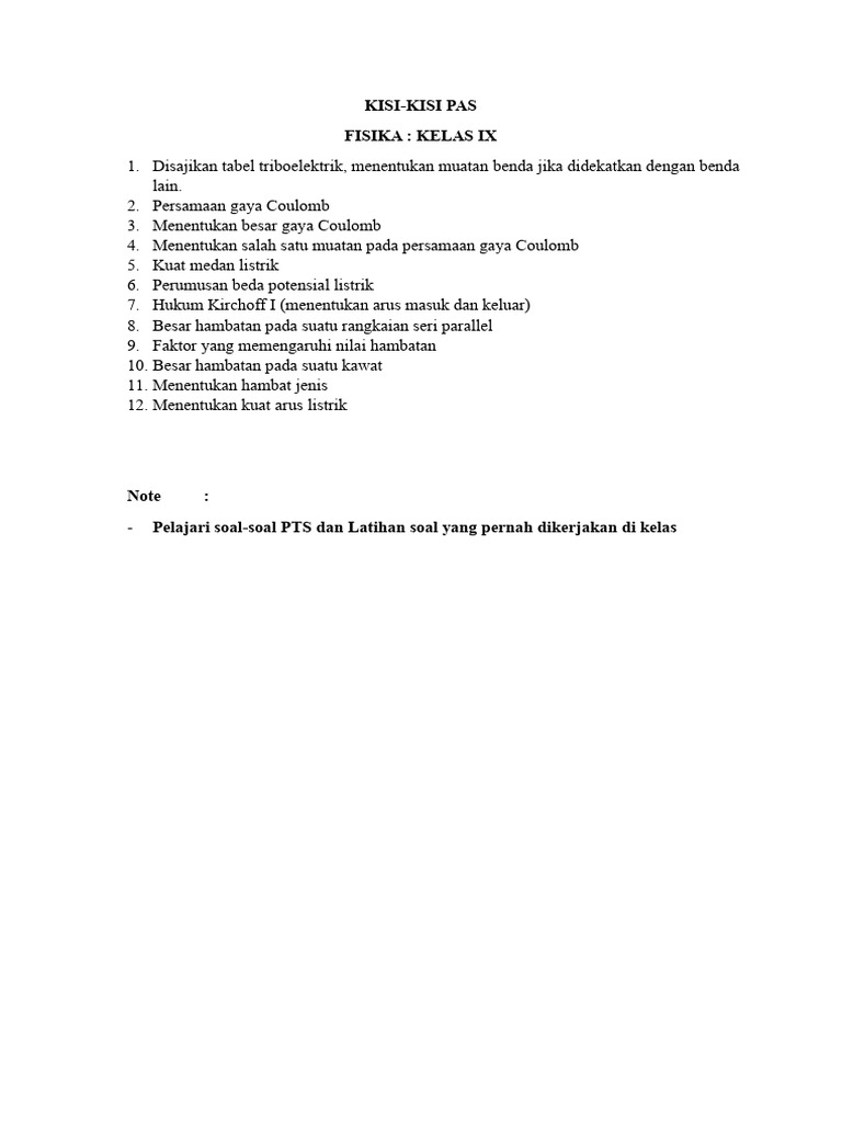 Kisi-Kisi Pas Ganjil Fisika Ix | PDF