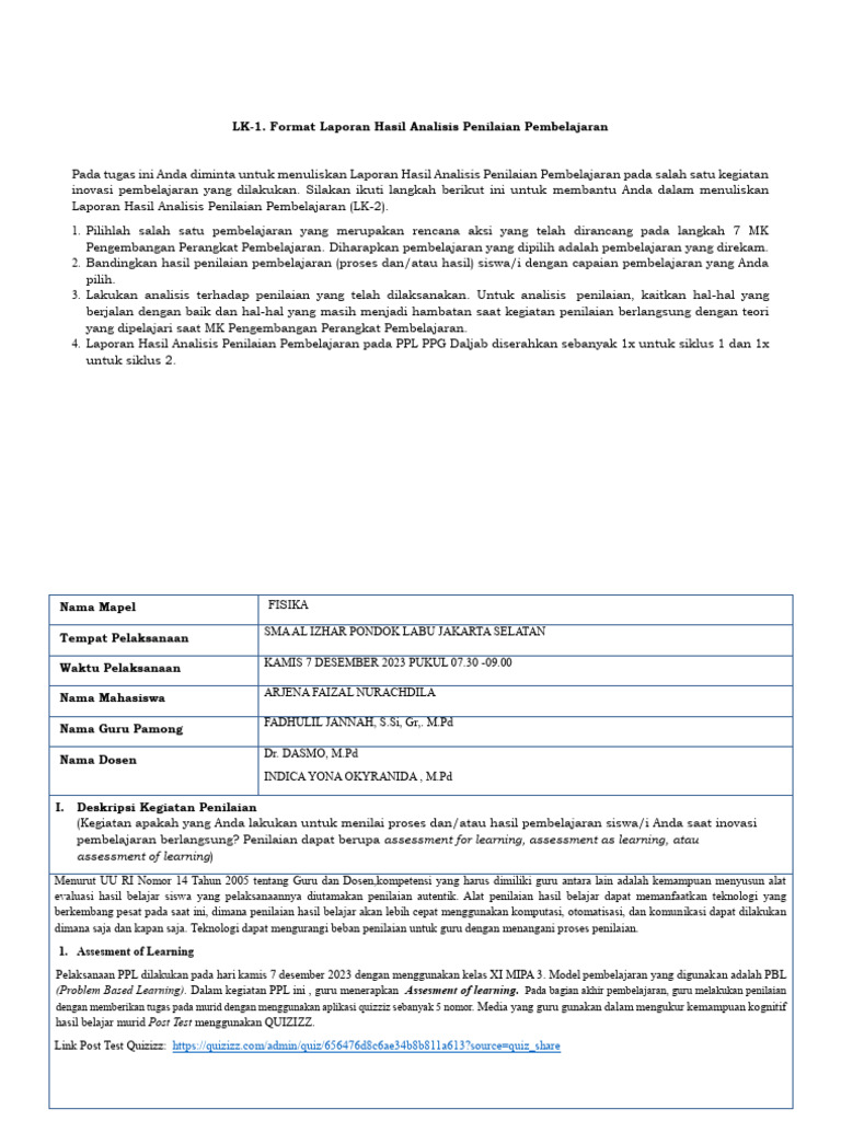 LK-1. SIAP KUMPUL Format Laporan Hasil Analisis Penilaian Pembelajaran | PDF | Karier & Perkembangan