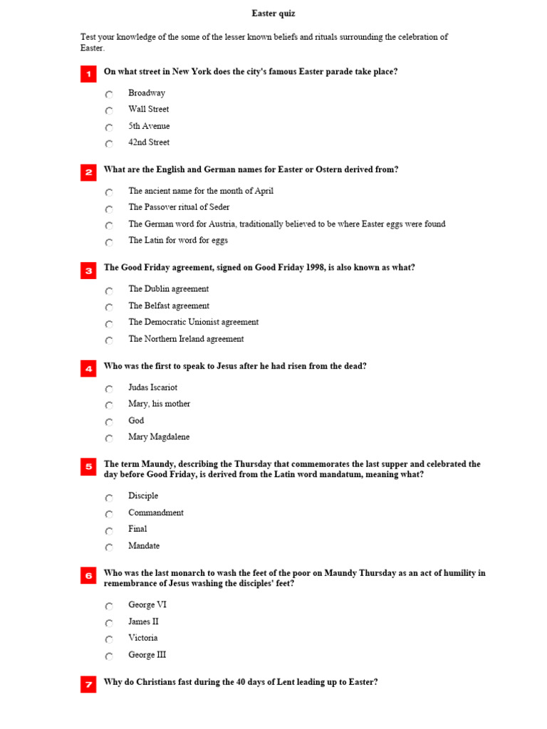 Easter Quiz: Test Your Knowledge | PDF