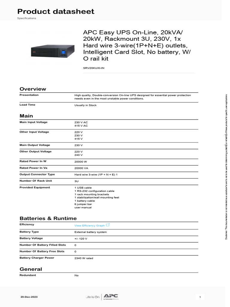 APC_Online UPS Data Sheet | PDF | Electrical Engineering | Electricity