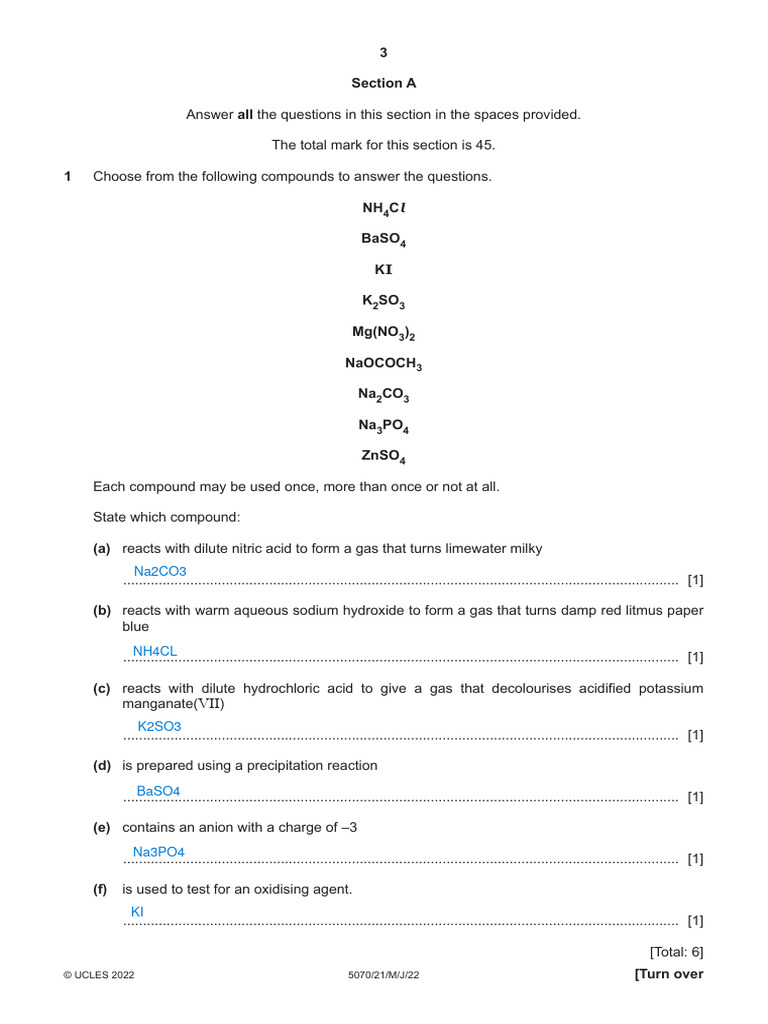 Chemistry Exam Questions and Answers | PDF