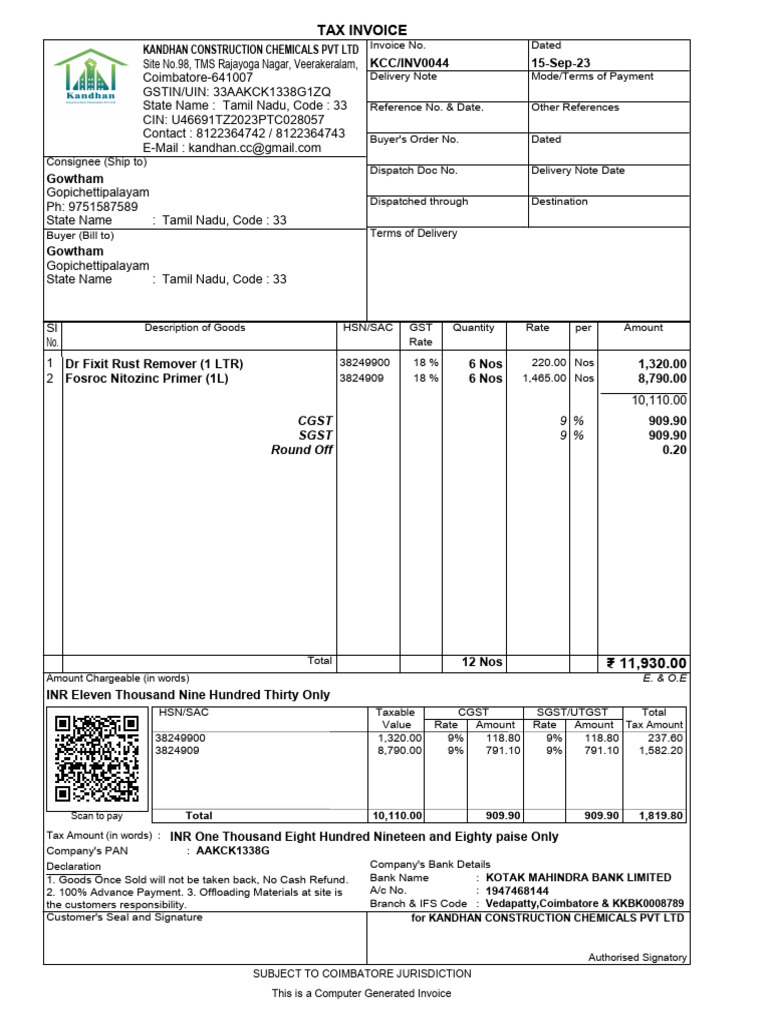 Construction Chemicals Invoice | PDF