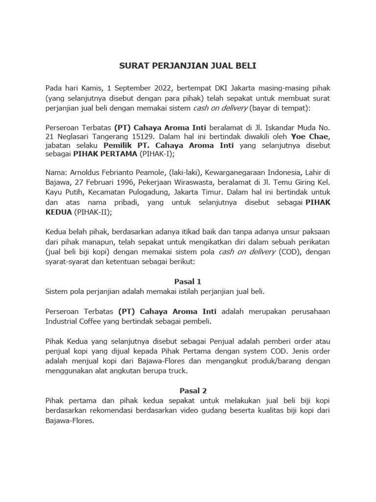 Surat Perjanjian Jual Beli | PDF