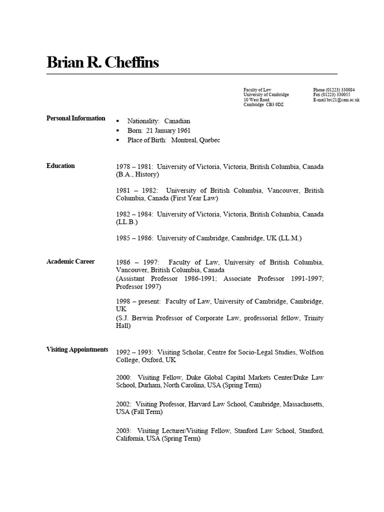 Cheffins Curr-Cv | PDF | Corporate Law | Corporate Governance