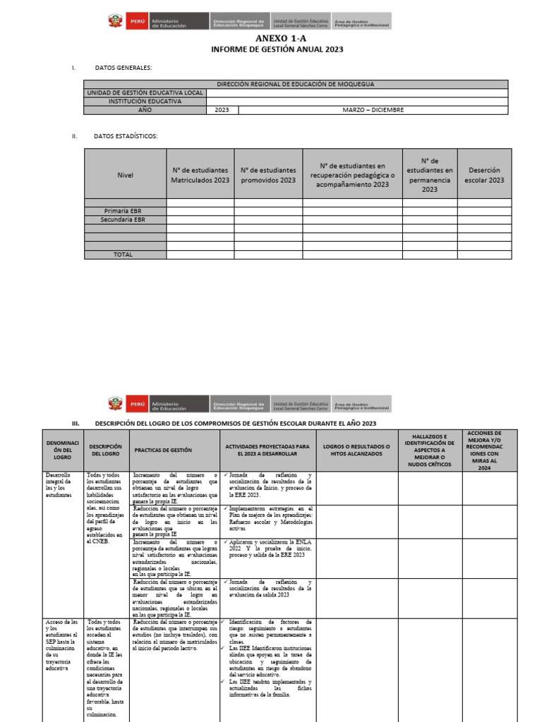 Informe Anual de Gestión Educativa 2023 | PDF | Educación primaria | Enseñando