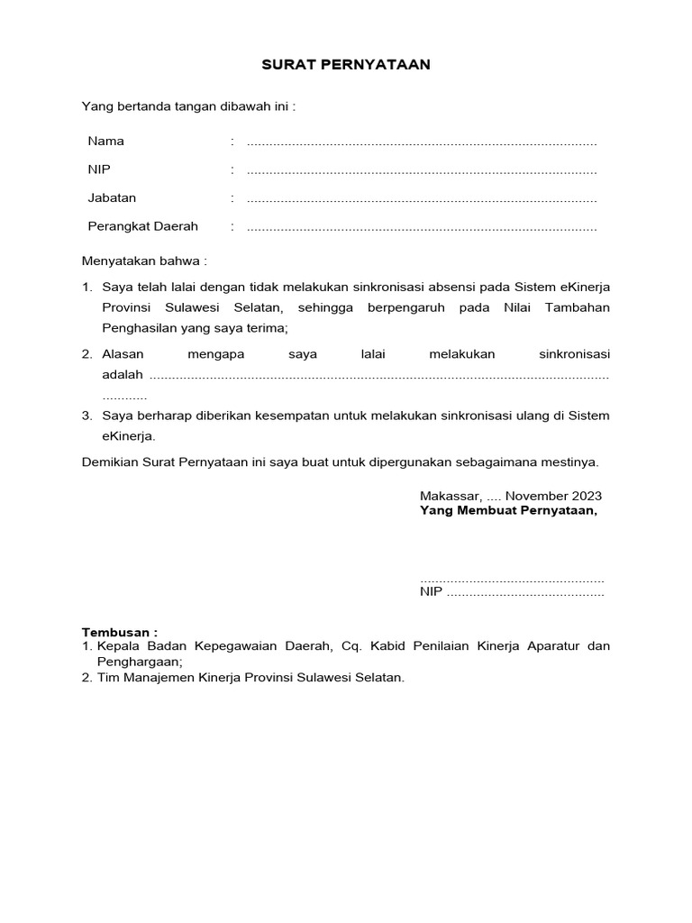 Contoh Surat Pernyataan (Lalai Sinkronisasi Absensi) | PDF