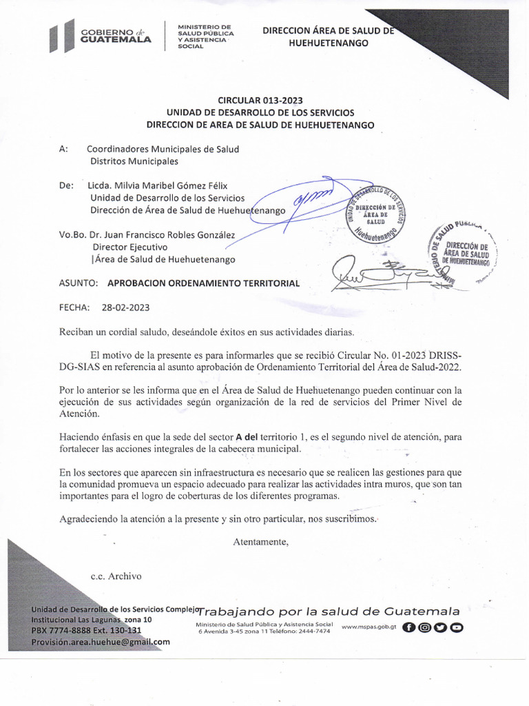 Circular No. 013-2023 Aprobacion Ordenamiento Territorial | PDF