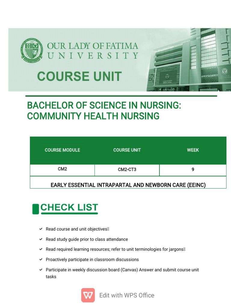CU Week 9 EARLY ESSENTIAL INTRAPARTAL AND NEWBORN CARE (EEINC) | PDF