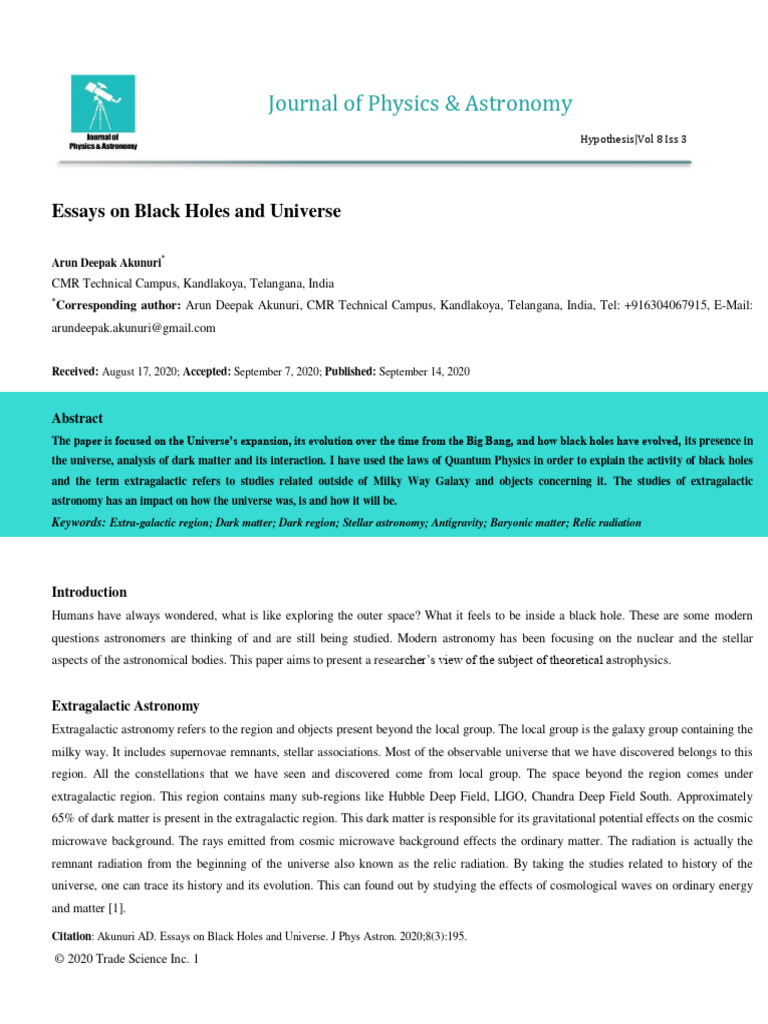 Essays On Black Holes and Universe | PDF | Astronomy | Matter