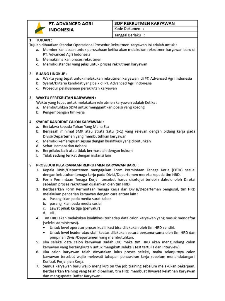 SOP Rekrutmen Karyawan Baru | PDF