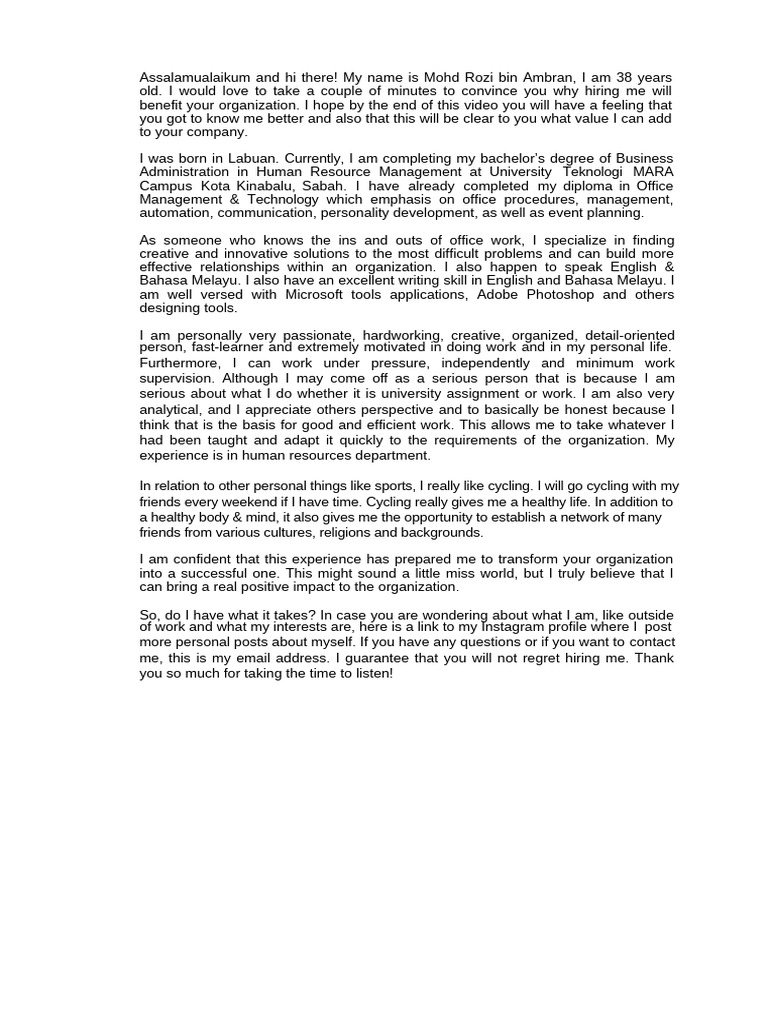 HRM554 Video Resume Script | PDF | Human Communication | Communication