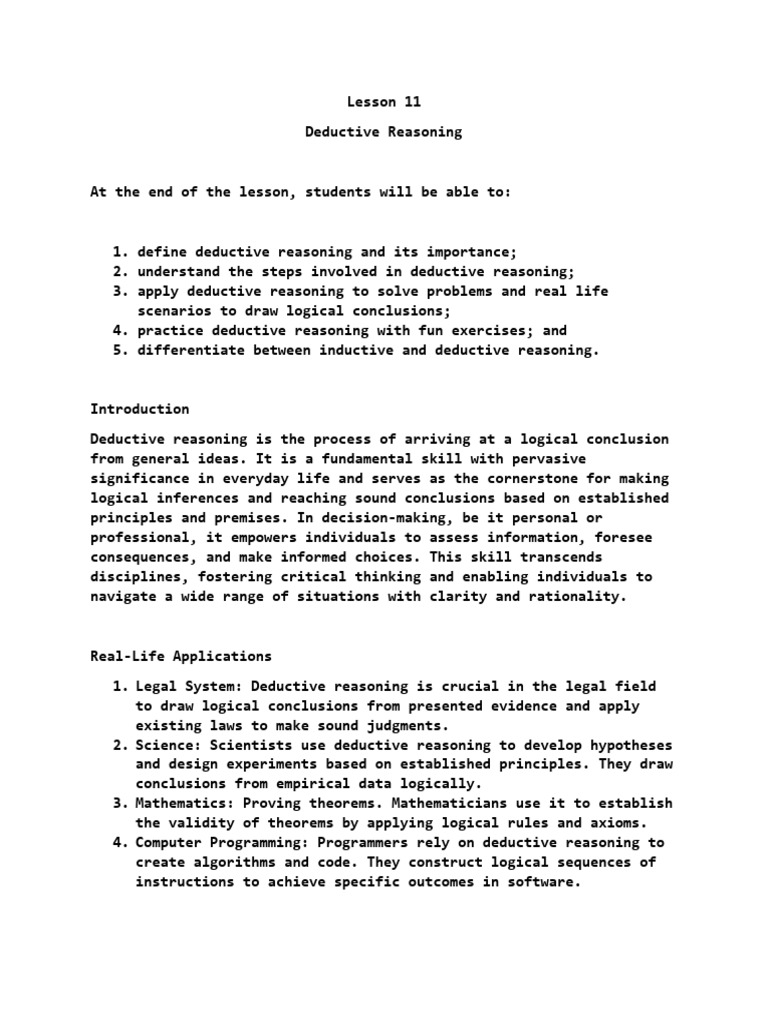 Deductive Reasoning Lesson Plan | Download Free PDF | Deductive ...