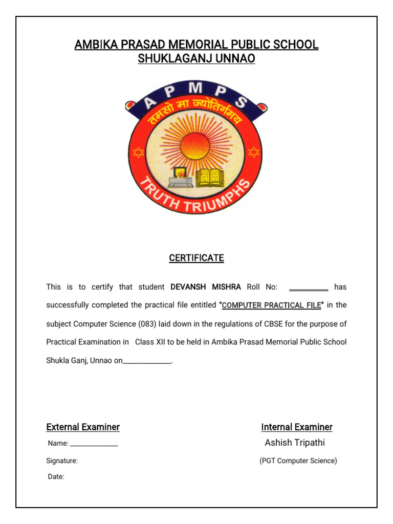 Class XII Computer Practical Certificate | PDF | Career & Growth | Social Science
