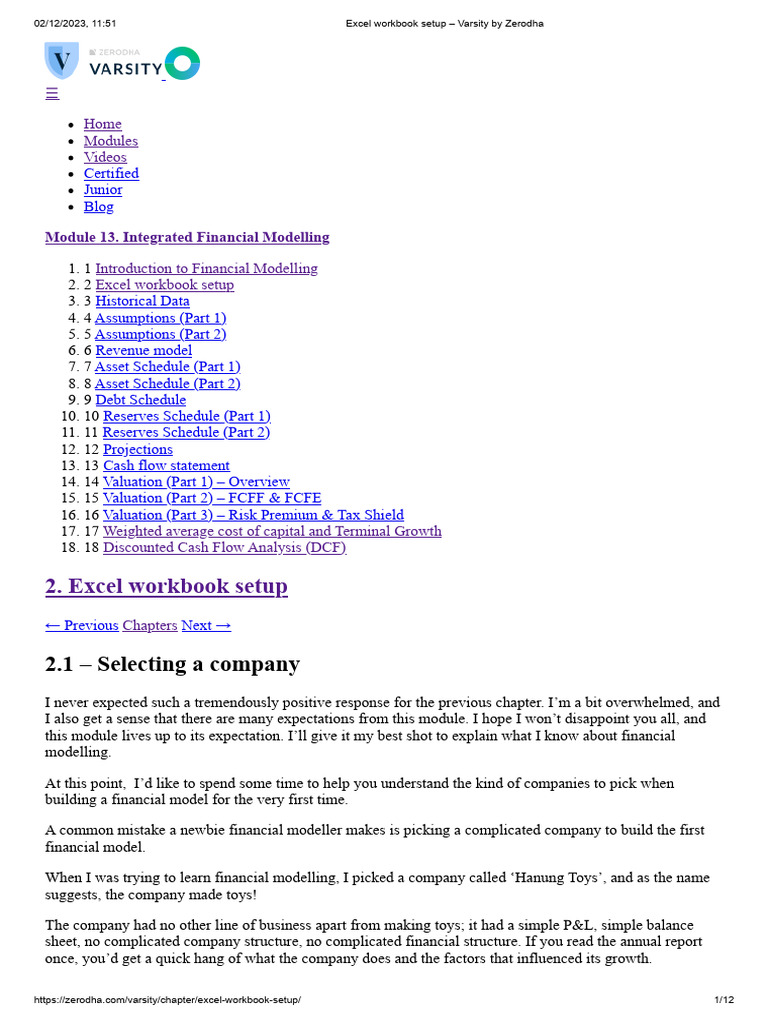 Excel Workbook Setup - Varsity by Zerodha | PDF