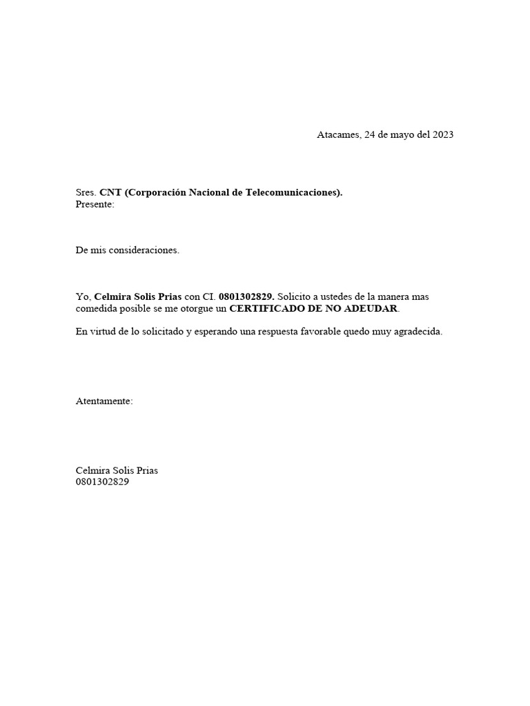 Solicitud de Certificado de No Adeudar Cnt | PDF