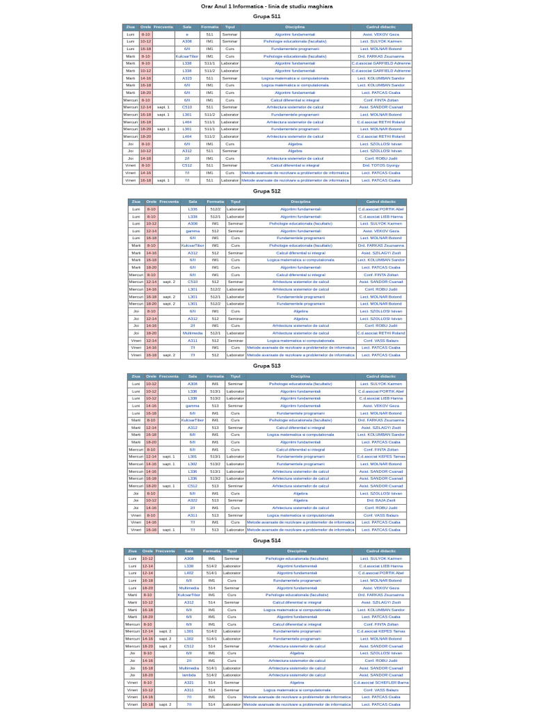 Orar Anul I Tabelar | PDF