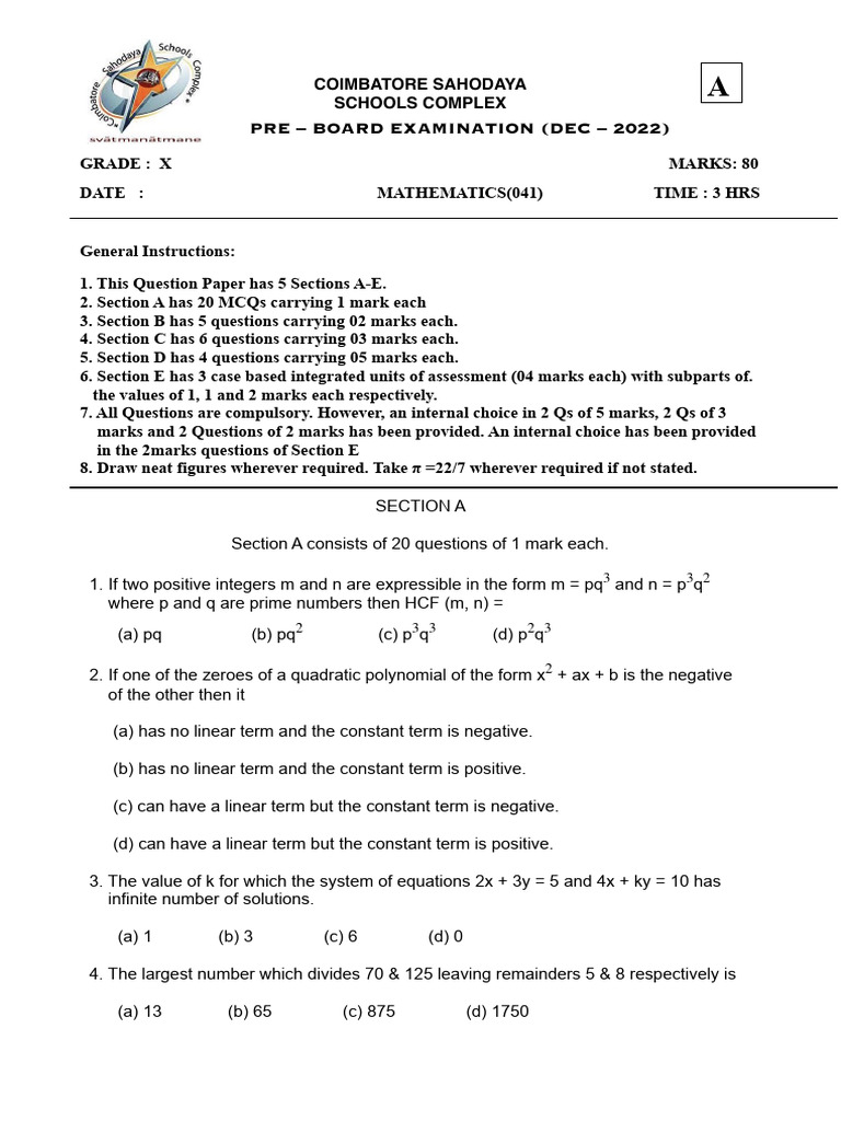 X - MATH SET A - QP - CbeSSC - DEC 22 | PDF