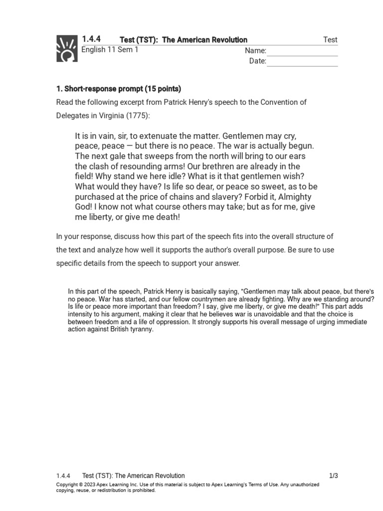 1.4.4 Test (TST) - The American Revolution (Test) | PDF