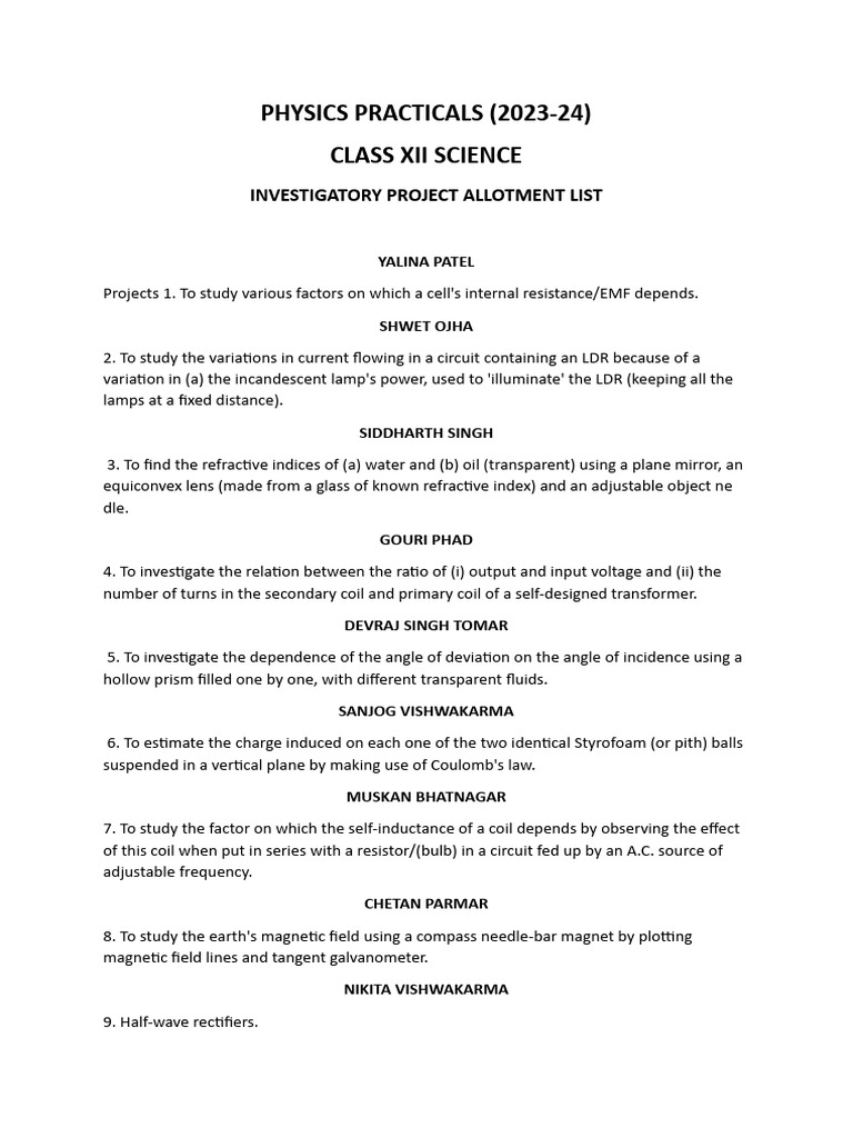 Investigatory Project List Regular 2023-24 | PDF | Science & Mathematics
