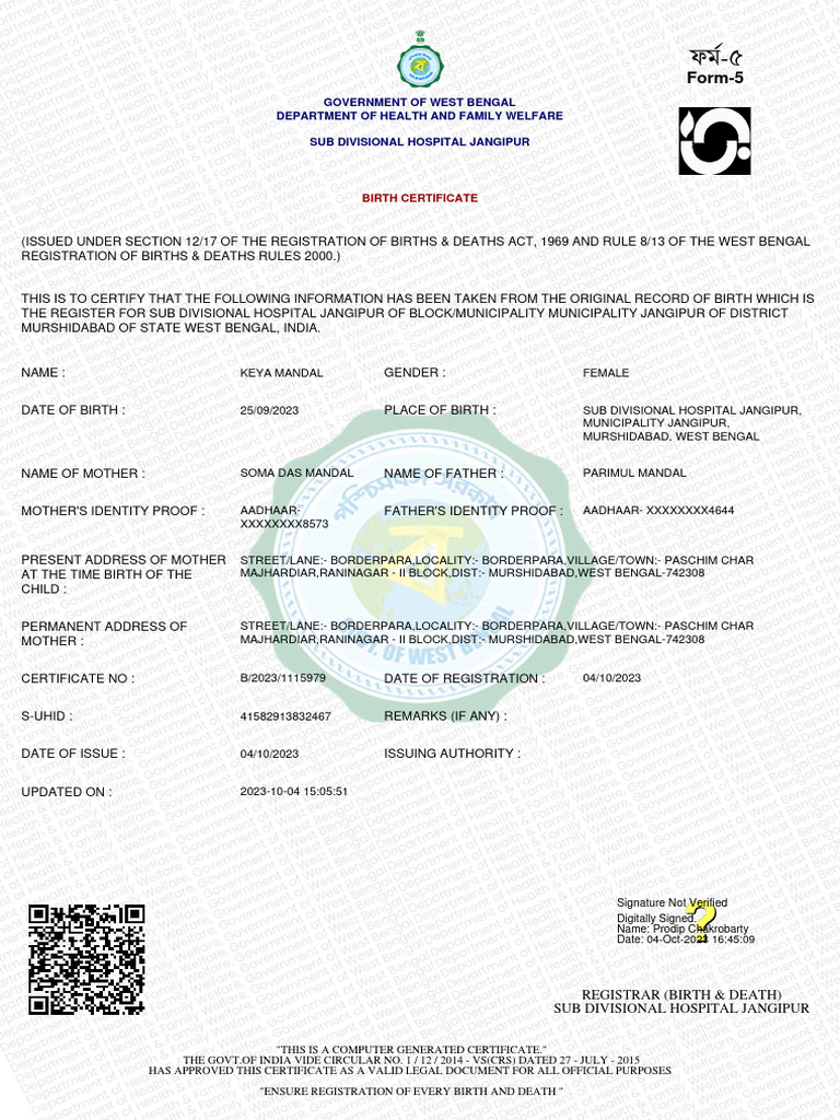 Jangipur Birth Certificate Details | PDF | Birth Certificate | Access ...