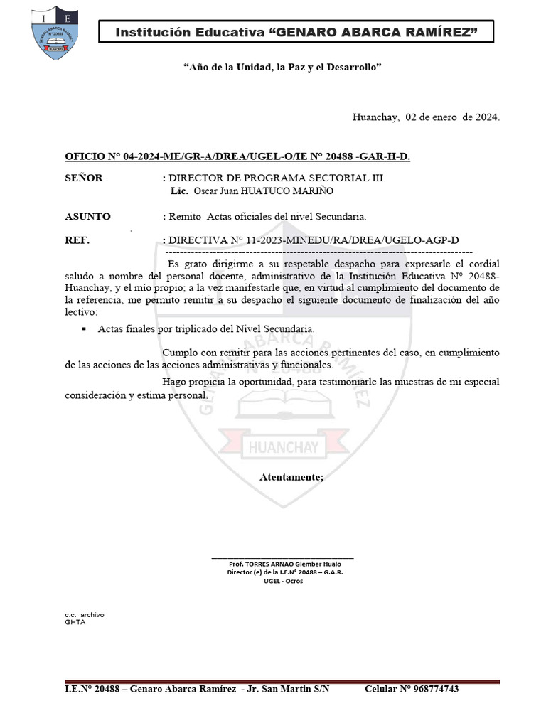 Oficio N°04 Remito Actas de Evaluación-Secundaria. | PDF | Ciencias sociales