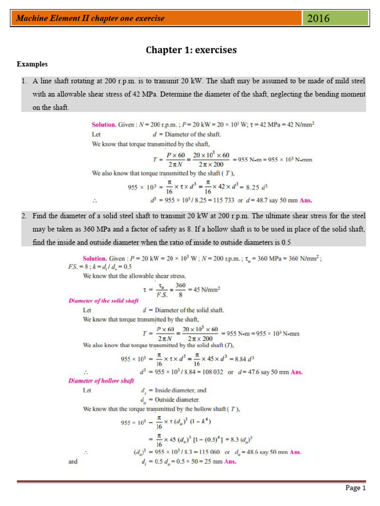 Chapter I Exercise. | PDF | Axle | Stress (Mechanics)