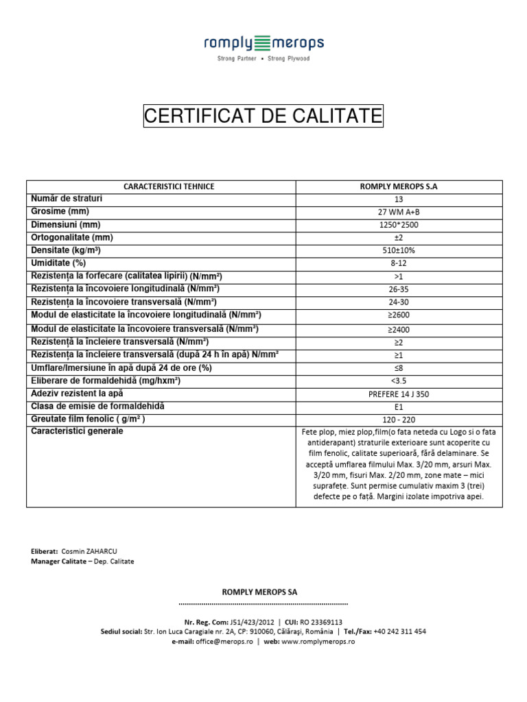 Certificat de Calitate Placaj Antiderapant 27 WM A B | PDF