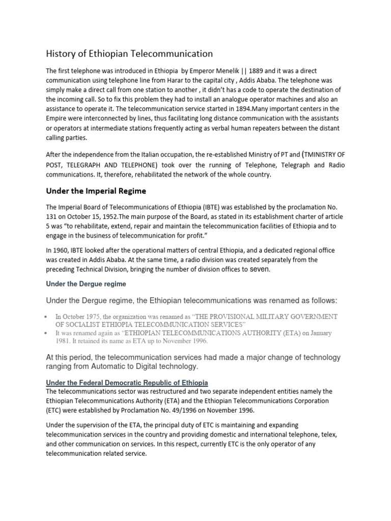 History of Ethiopian Telecommunication | PDF