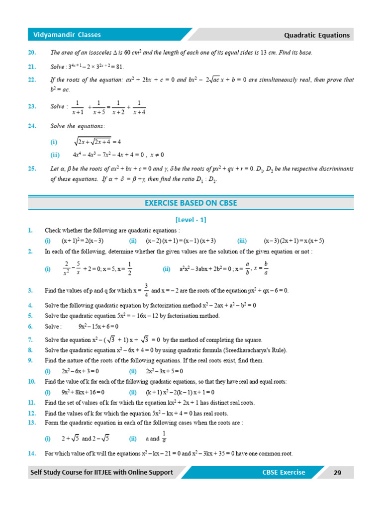 6-Quadratic Equations-Cbse Exercise | PDF | Quadratic Equation | Algebra