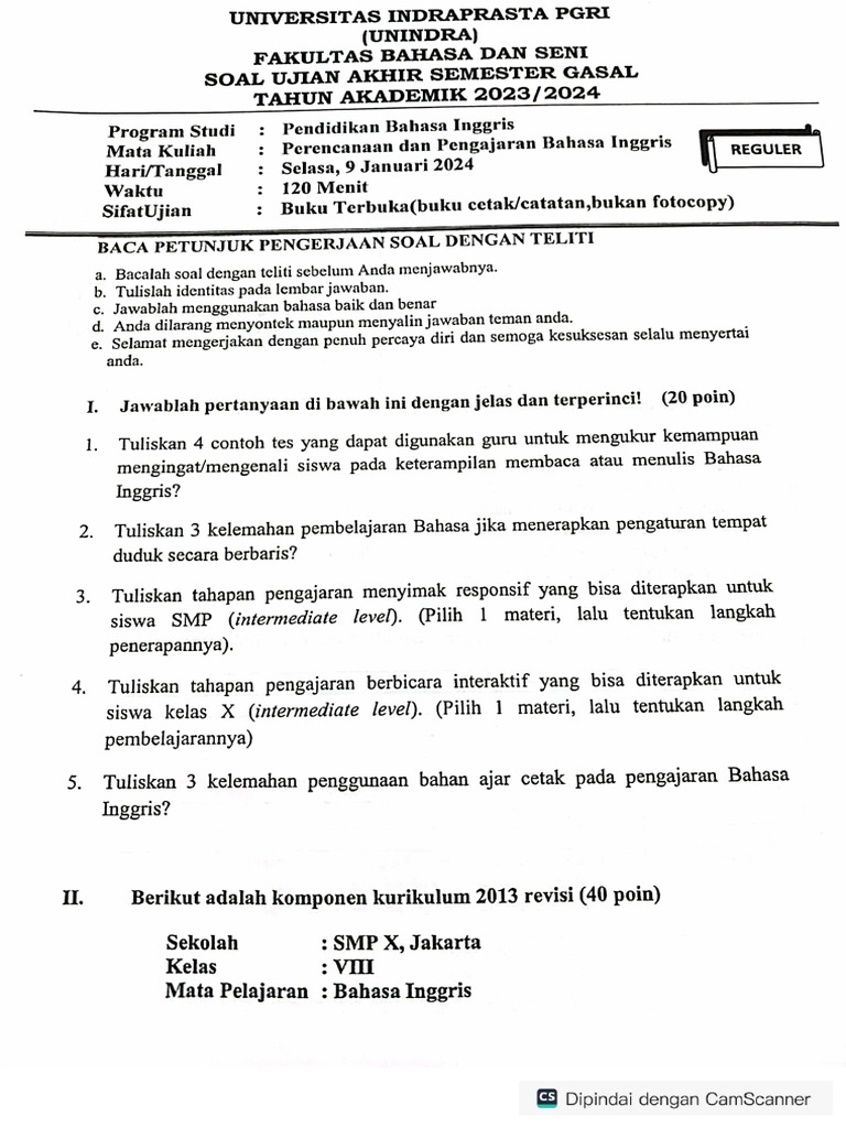Perencanaan Dan Pengajaran Bahasa Inggris Soal UAS 2023-2024 | PDF