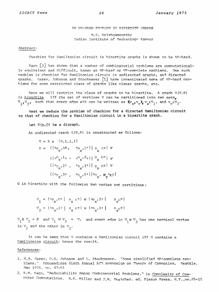 Sigact News 26: An Np-Hard PRNNLFM in Ripartitr Graph S | PDF | Computational Problems ...