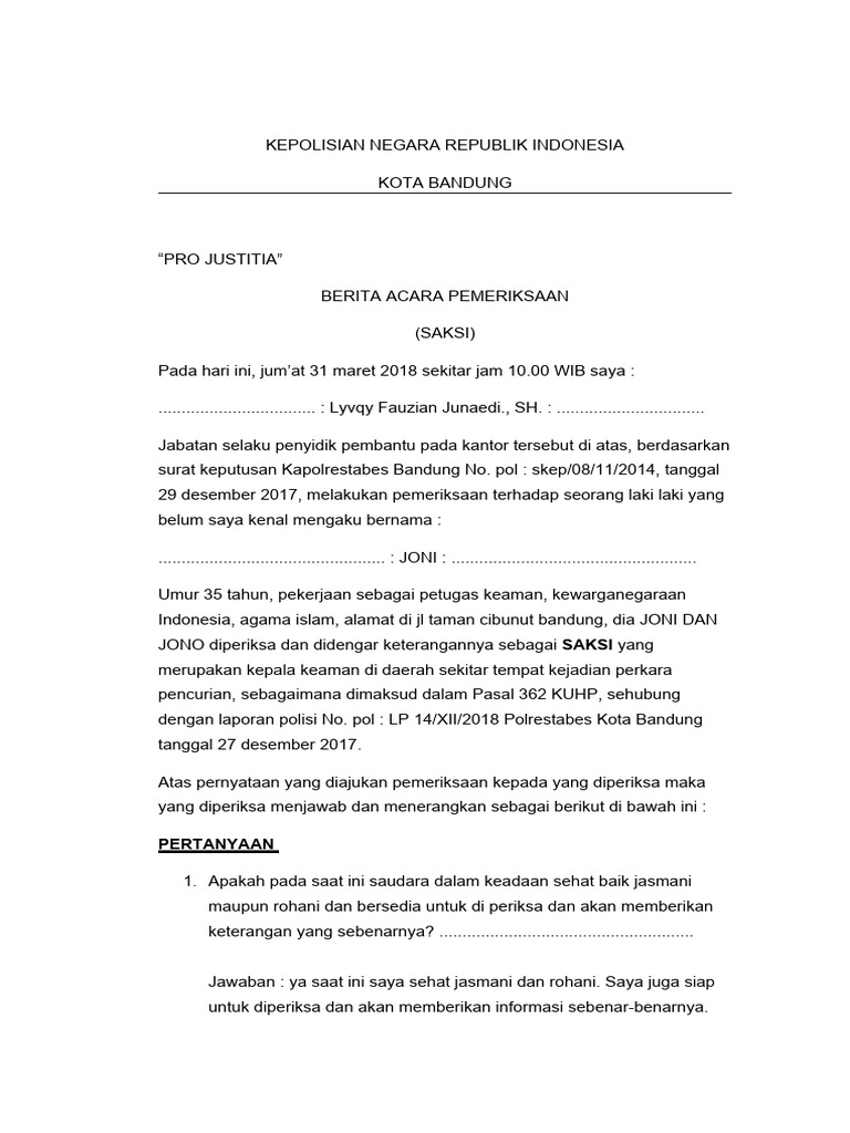 TUGAS 3 KKH 2 PIDANA (BAP SAKSI) - Lyvqy Fauzian - 10040020028 - F | PDF