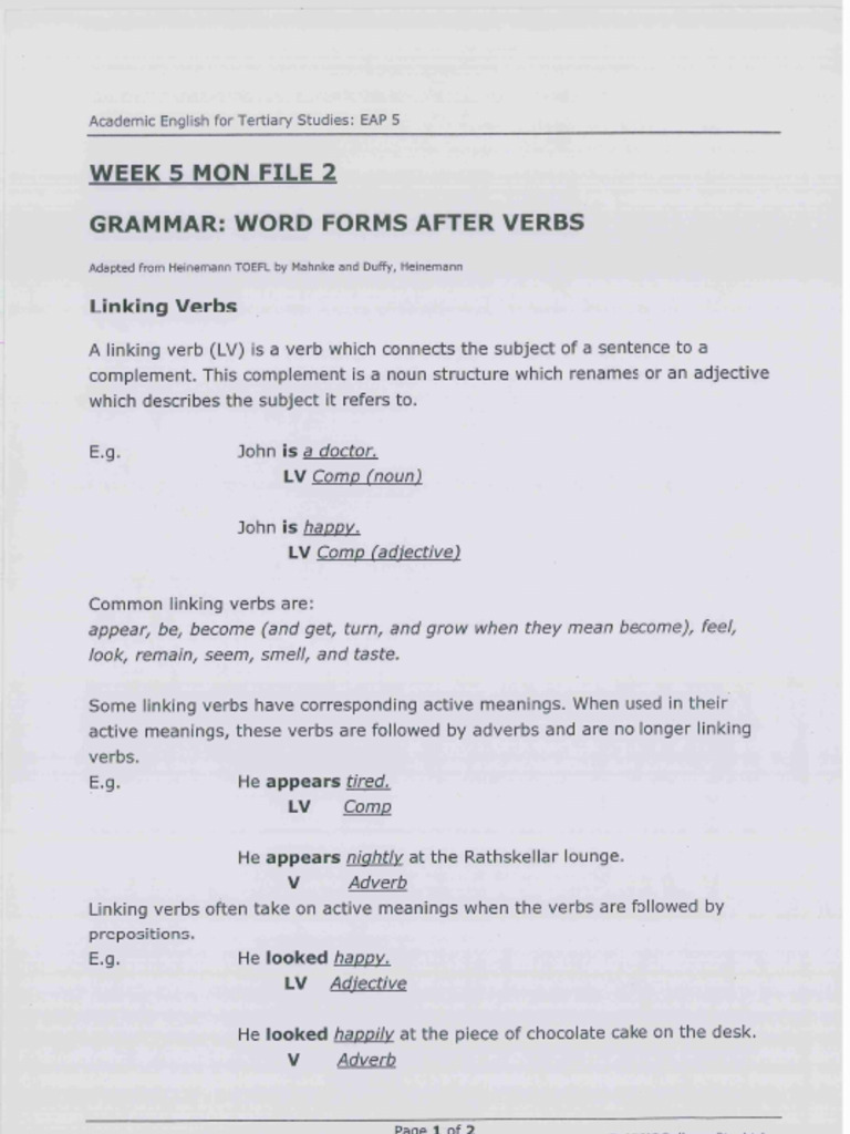EAP5 Week 5 Mon F2 - Grammar Word Forms After Verbs PDF | PDF