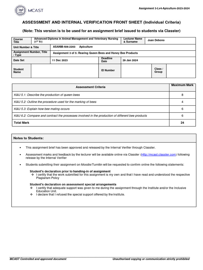 Assignment 3-Lv4-Apiculture-2023-2024 | Download Free PDF | Beekeeping | Honey Bee
