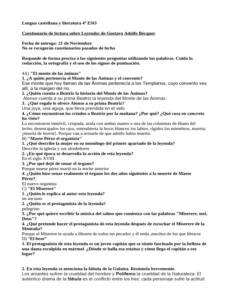 Cuestionario Leyendas de Bécquer 4º ESO | PDF