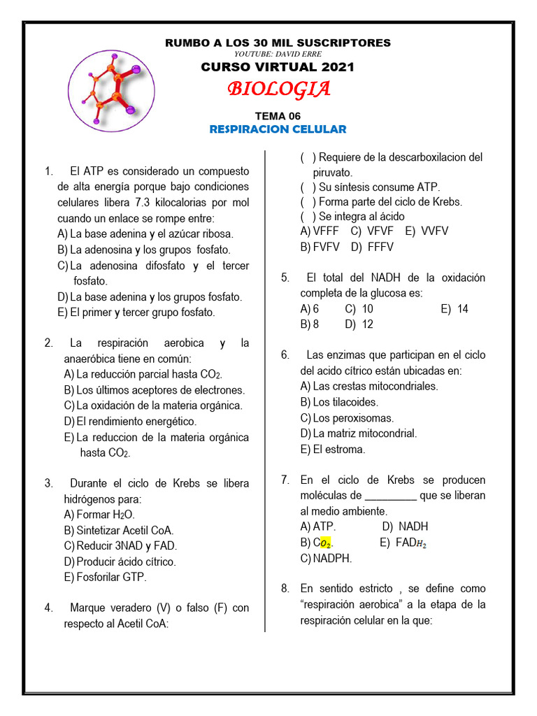 Ejercicios sobre Respiración Celular | PDF