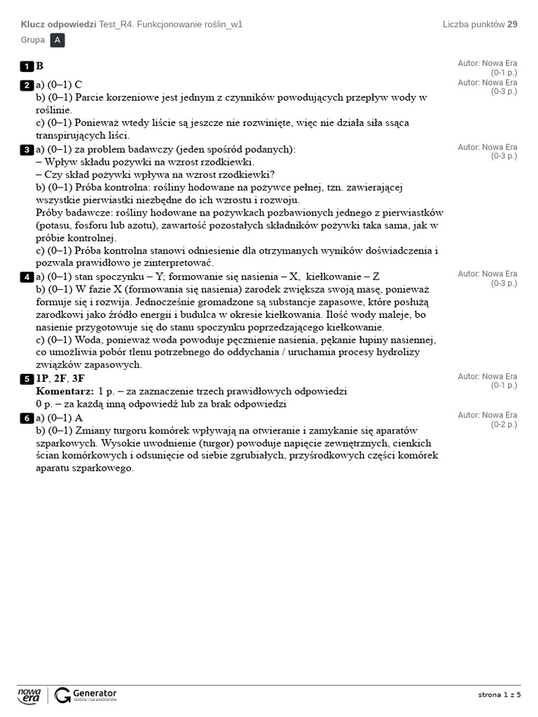 Test R4. Funkcjonowanie Roslin w1 Klucz Odpowiedzi PDF | PDF