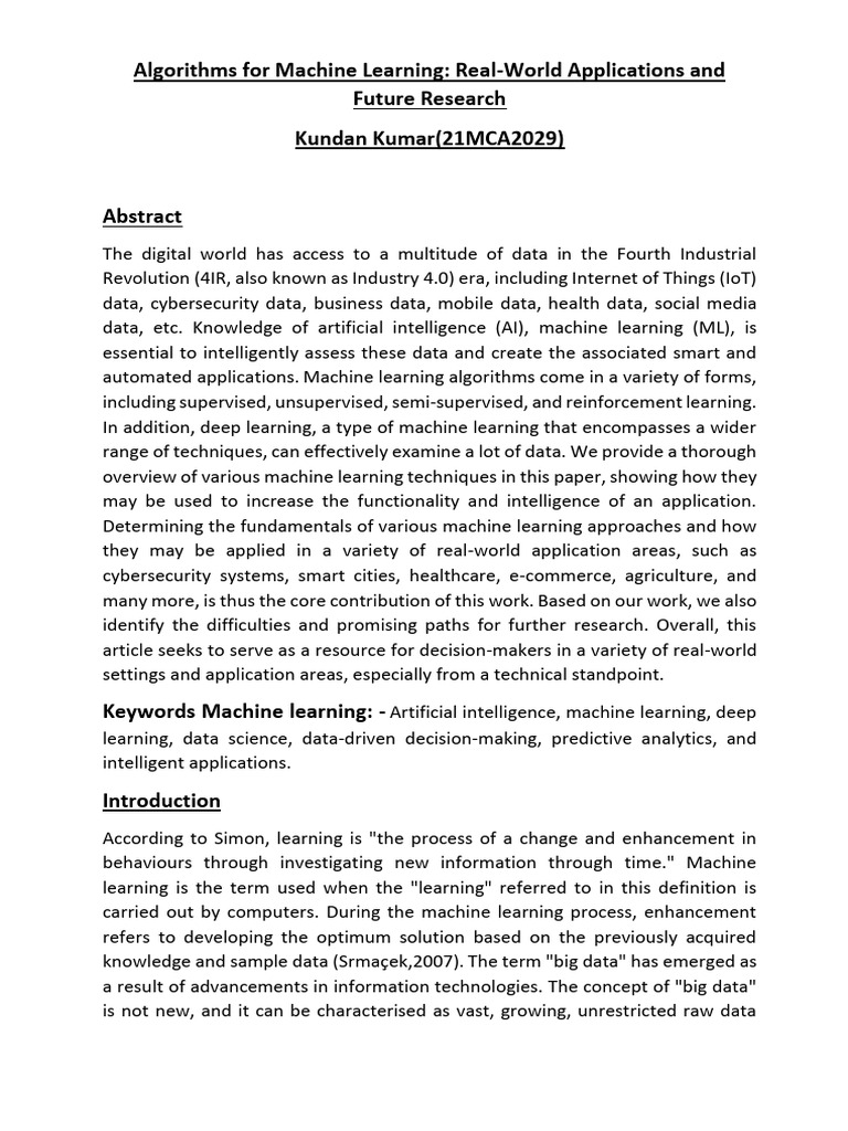 Kundan Kumar (21MCA2029 Review Paper) | PDF | Linear Regression | Regression Analysis