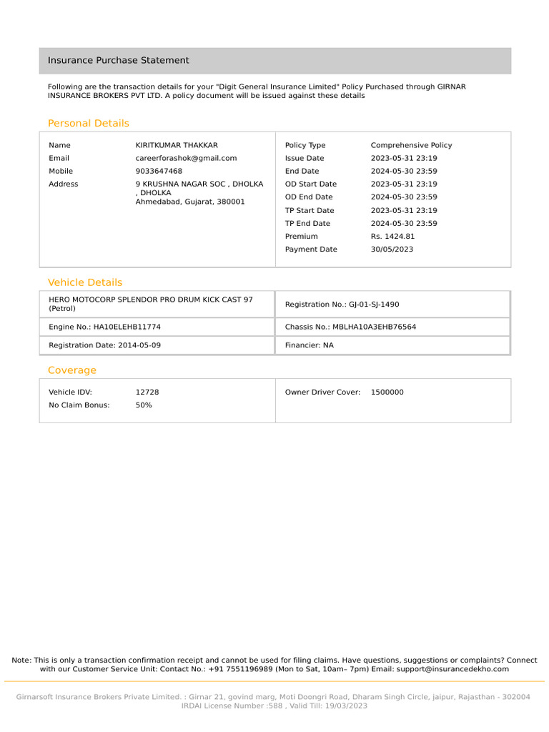 Insurance Transaction Confirmation Receipt | PDF