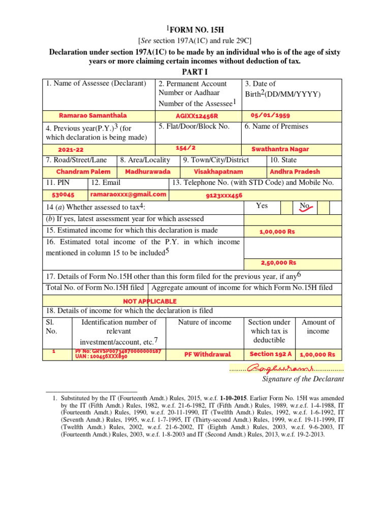Filled Form 15H For PF Withdrawal | PDF