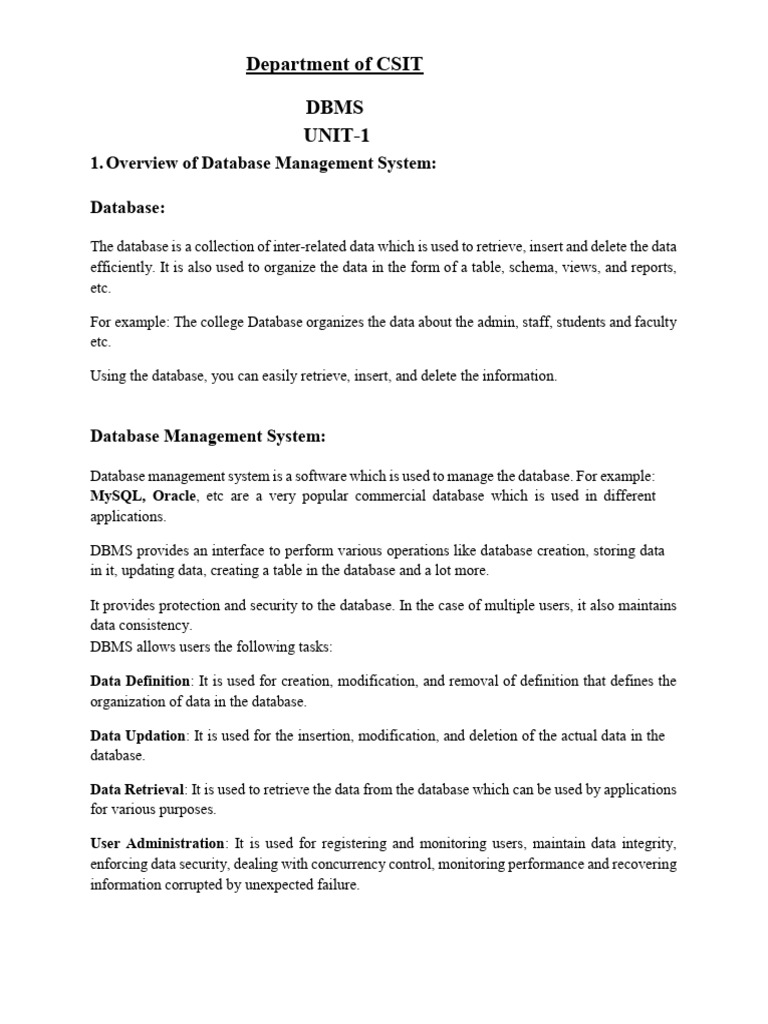 DBMS Unit-1Notes | PDF | Databases | Conceptual Model DBMS Unit-1Notes | PDF | Databases | Conceptual Model