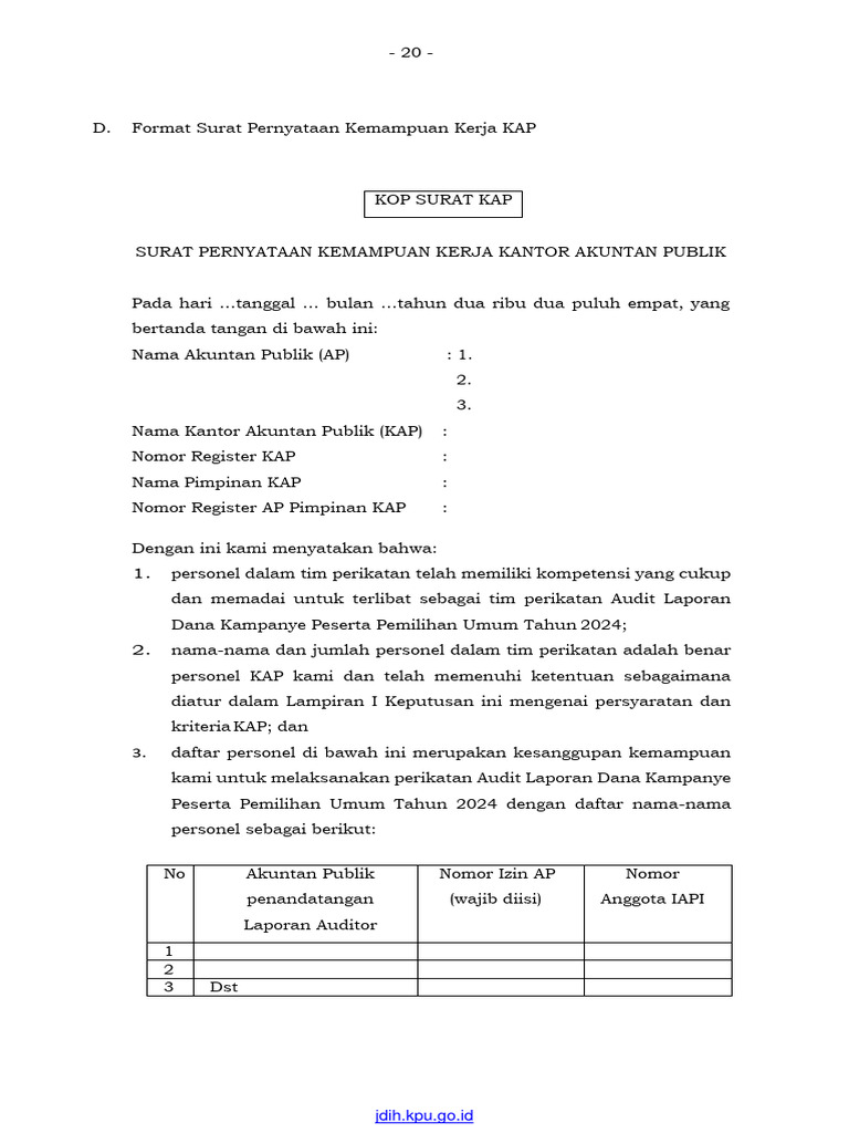 Lampiran II. Huruf D Surat Pernyataan Kemampuan Kerja KAP | PDF